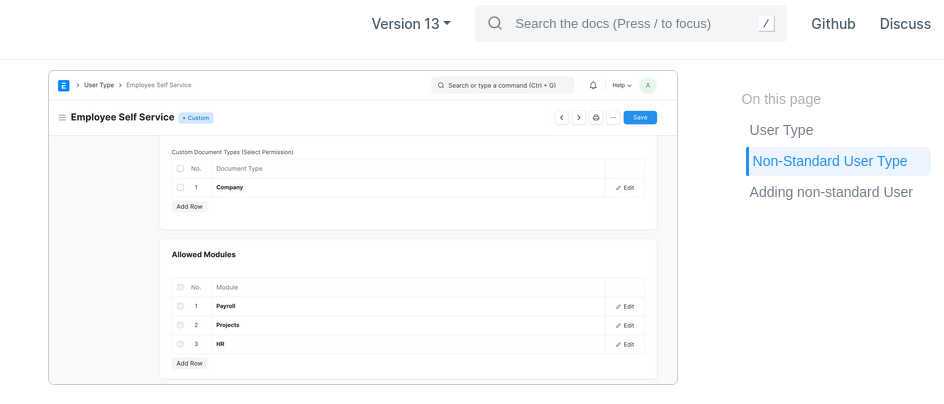 User Type Employee Self Service Unable To Add Row Under Allowed Modules · Issue 26790 · Frappe