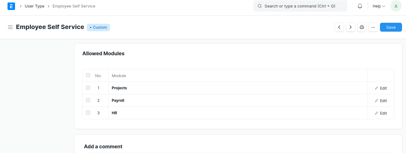 User Type: Employee Self Service Unable to add row under Allowed Modules · Issue #26790 · frappe ...