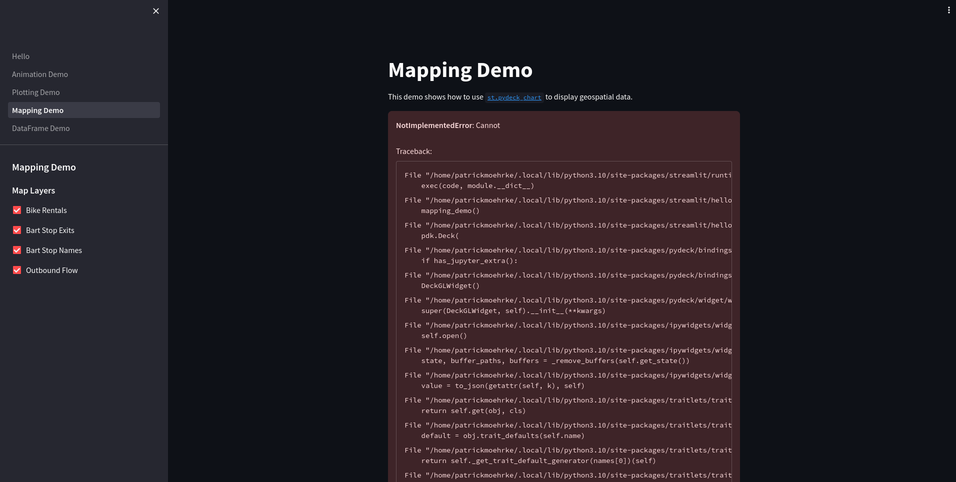`streamlit Hello` Mapping Demo Does Not Work · Issue 7627