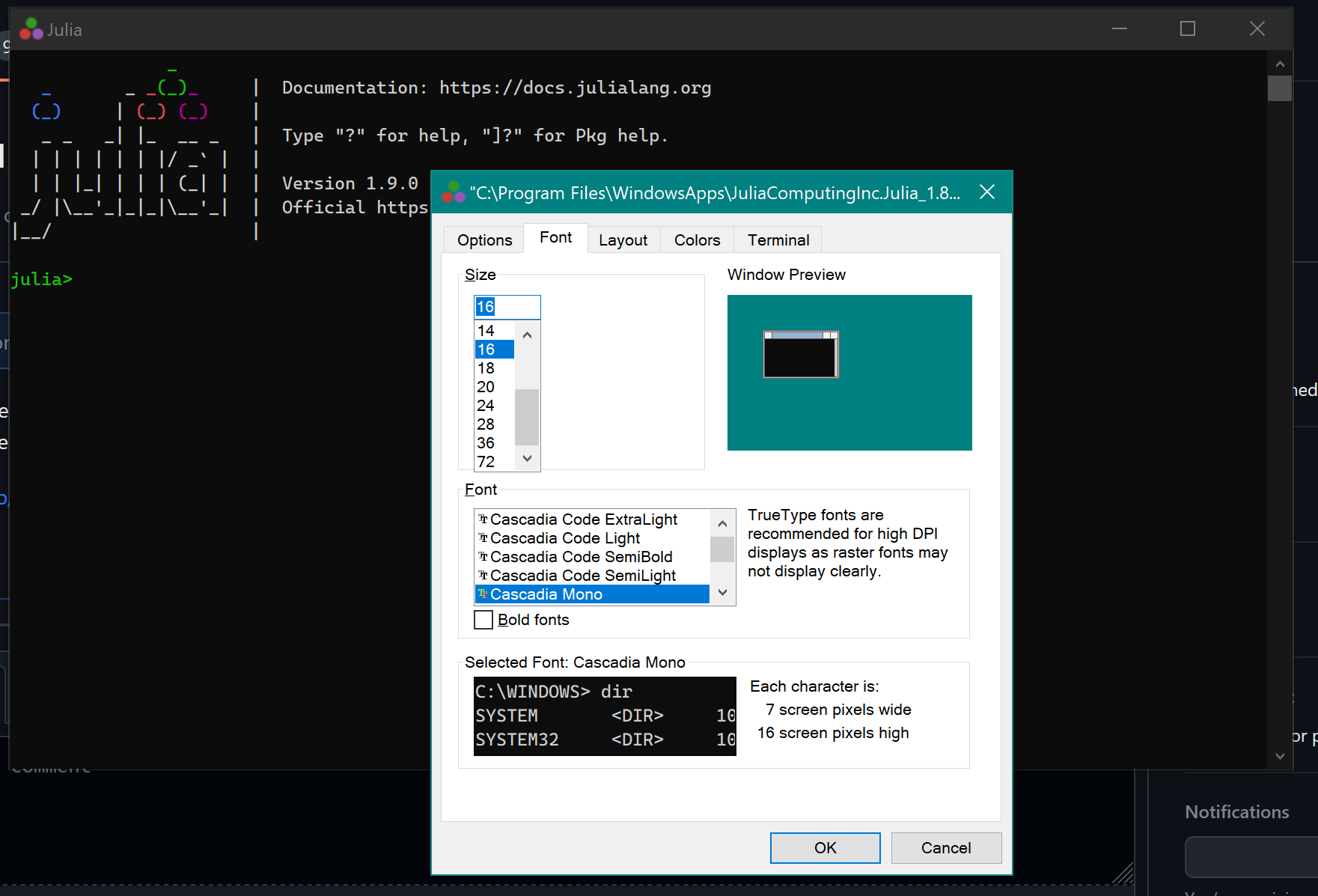 Set default font to Cascadia Mono on Windows (or any font that displays unicode properly ...