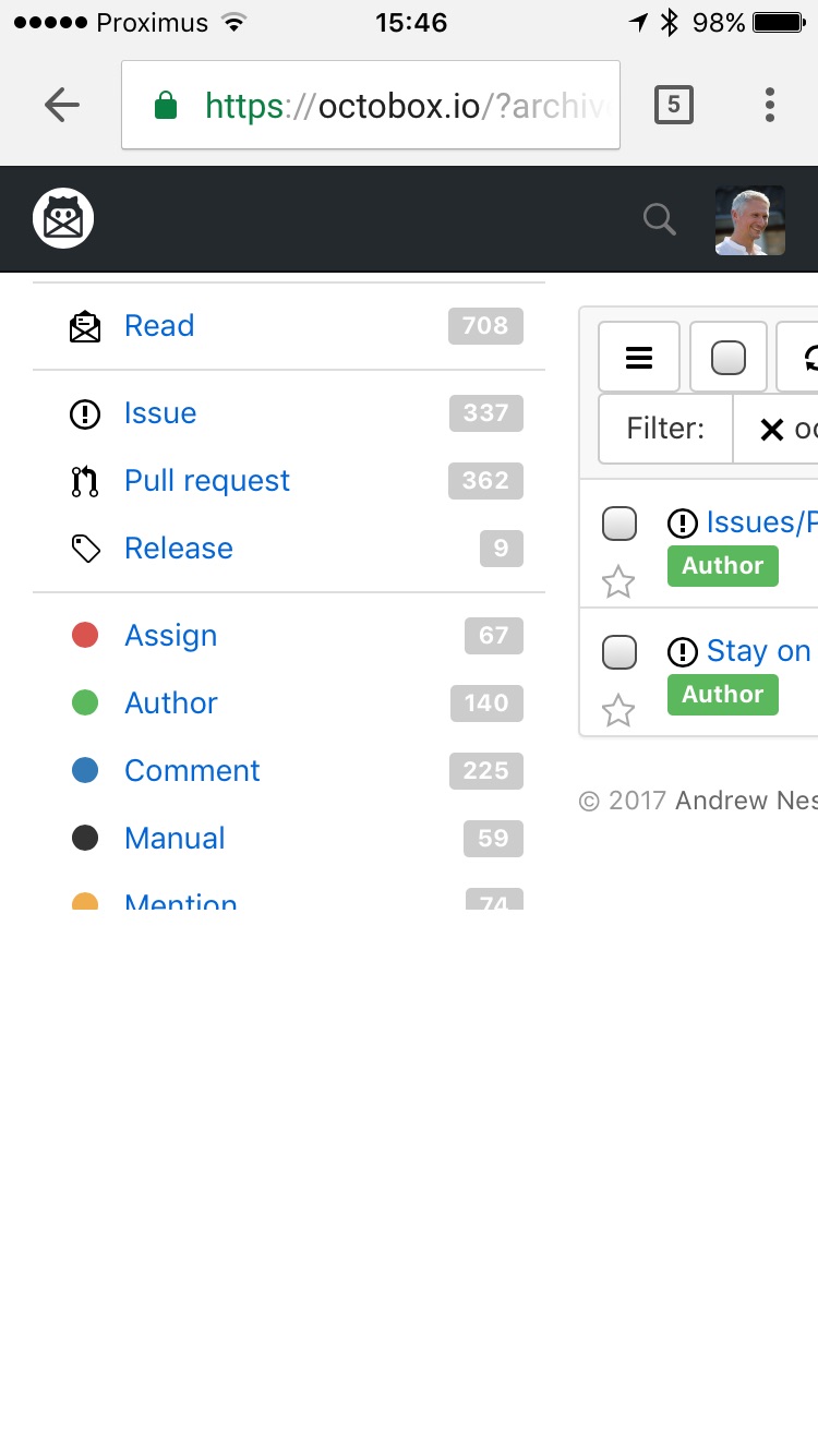 Sidebar height on mobile restricted by list of issues on the right · Issue #456 · octobox ...