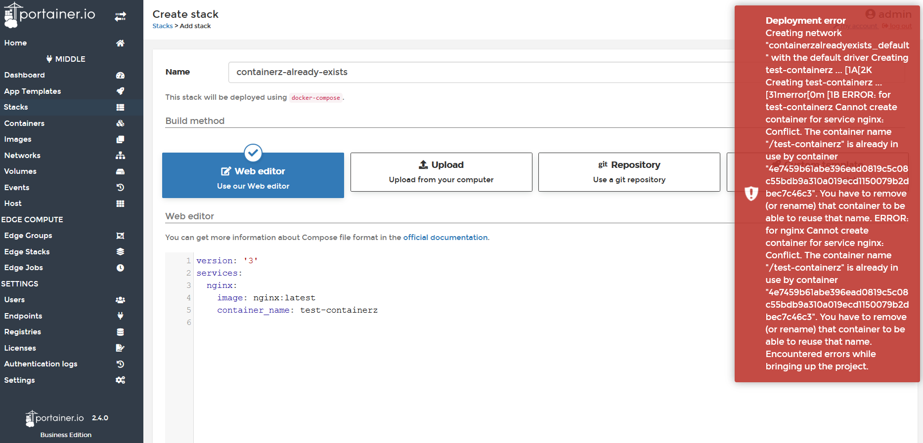 Docker standalone - Prevent a stack from being created when a stopped container already exists ...