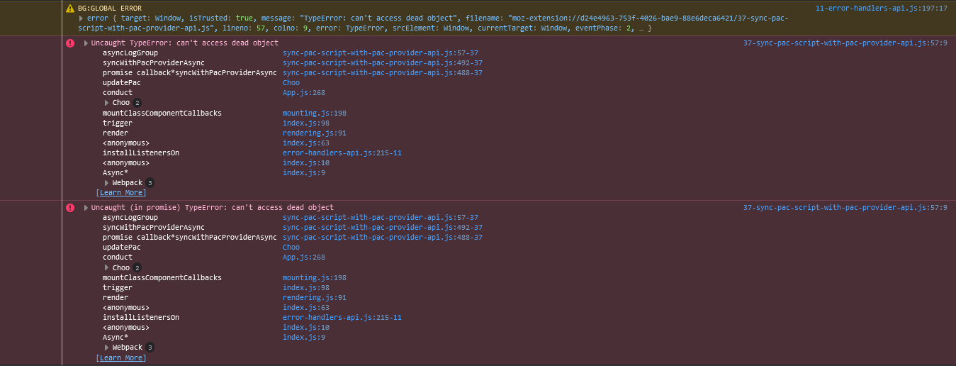 TypeError: Can't Access Dead Object и Error! Failed to download PAC ...