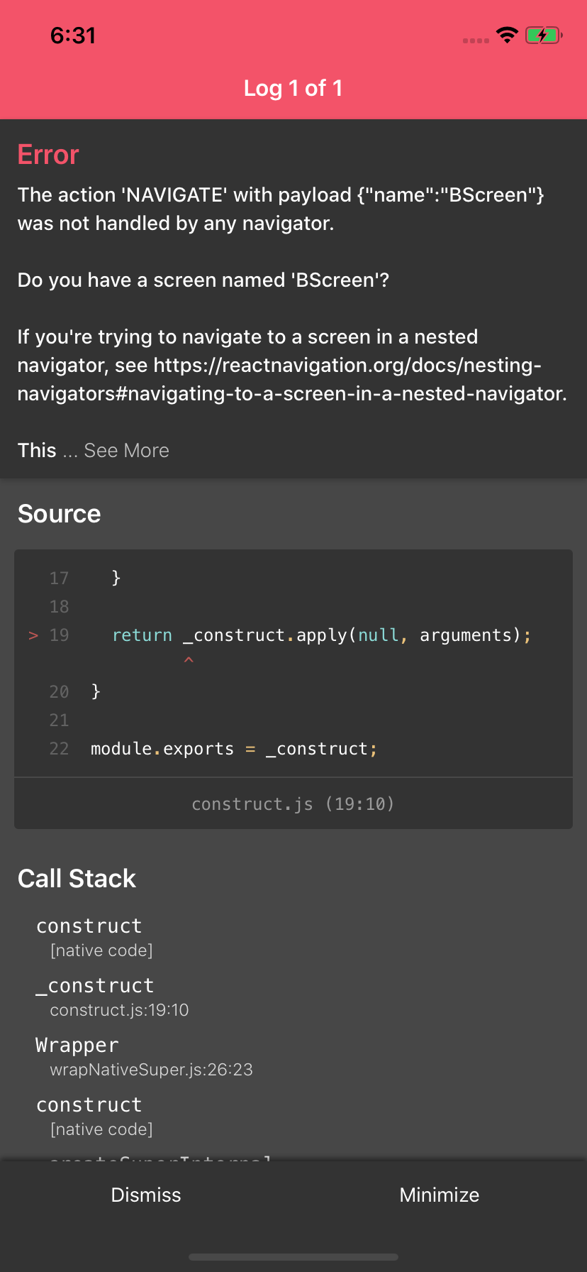 Before navigating with Drawer, the action 'NAVIGATE' with payload {"name":"screenName"} was not ...