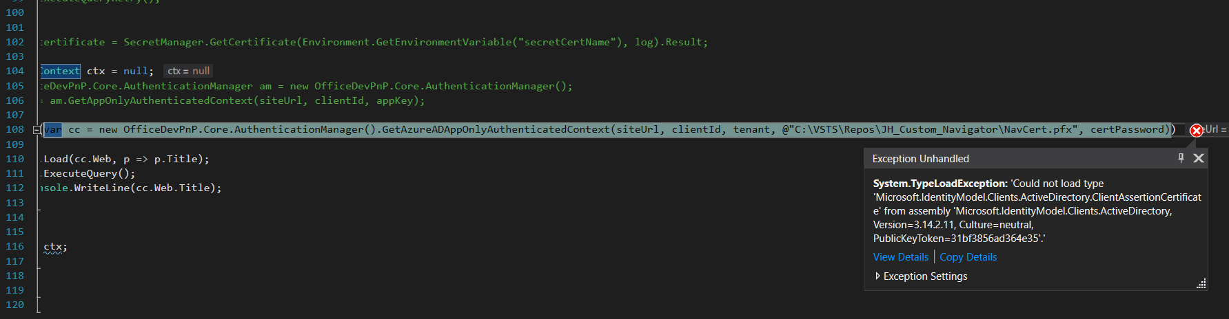Could not load file or assembly 'Microsoft.IdentityModel.Clients.ActiveDirectory when calling ...