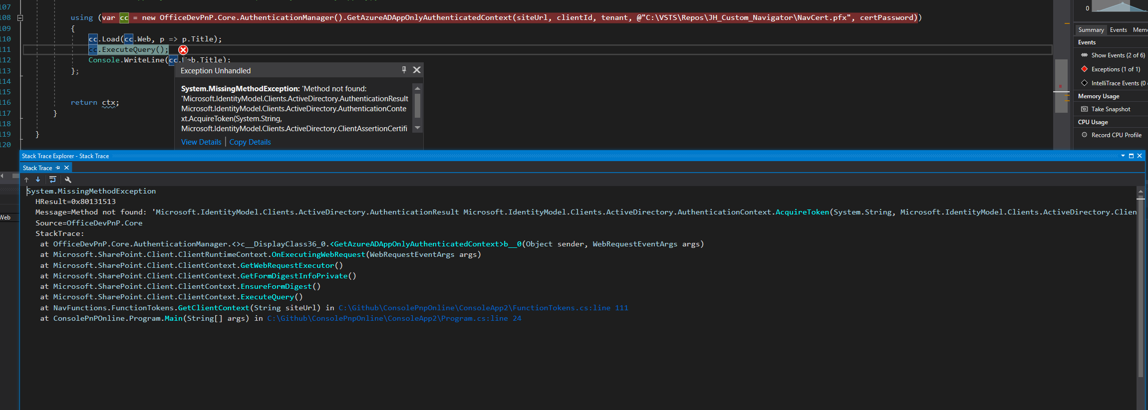 Could not load file or assembly 'Microsoft.IdentityModel.Clients.ActiveDirectory when calling ...