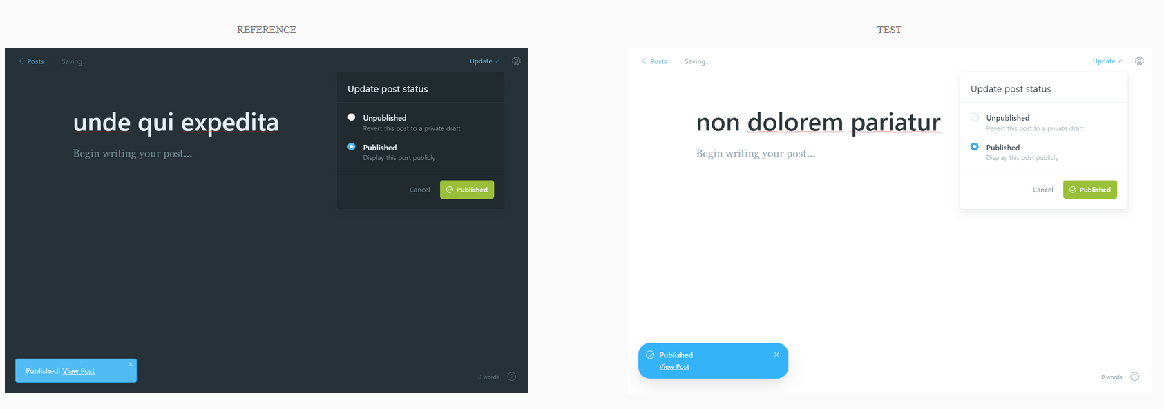 [TSDC-REGRESSION-BUG012] Diferencia visual al publicar un Post en Ghost ...