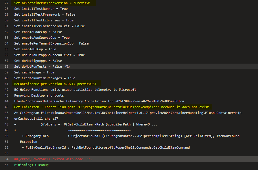 BcContainerHelper version 4.0.17-preview964 Cleanup Task fails with error "Get-ChildItem ...