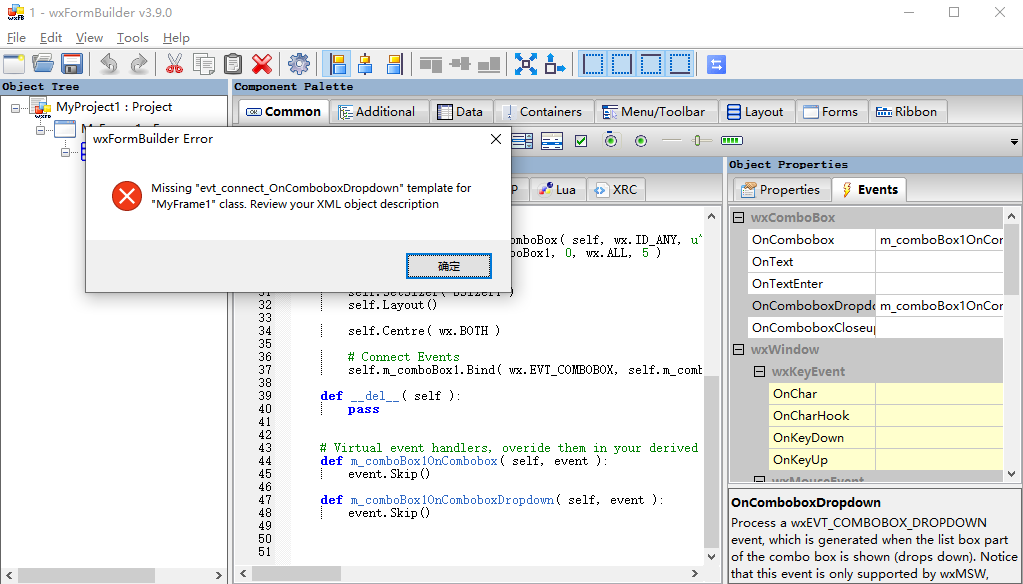 Missing "evt_connect_OnComboboxDropdown" template for "MyFrame1" class.Review your XML object ...