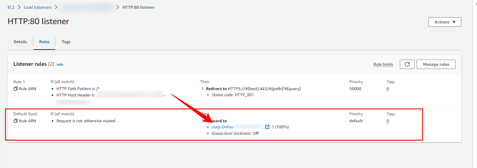 Default Target Group For Each Listener On The Load Balancer Is Forwarding On Port 80 Instead Of