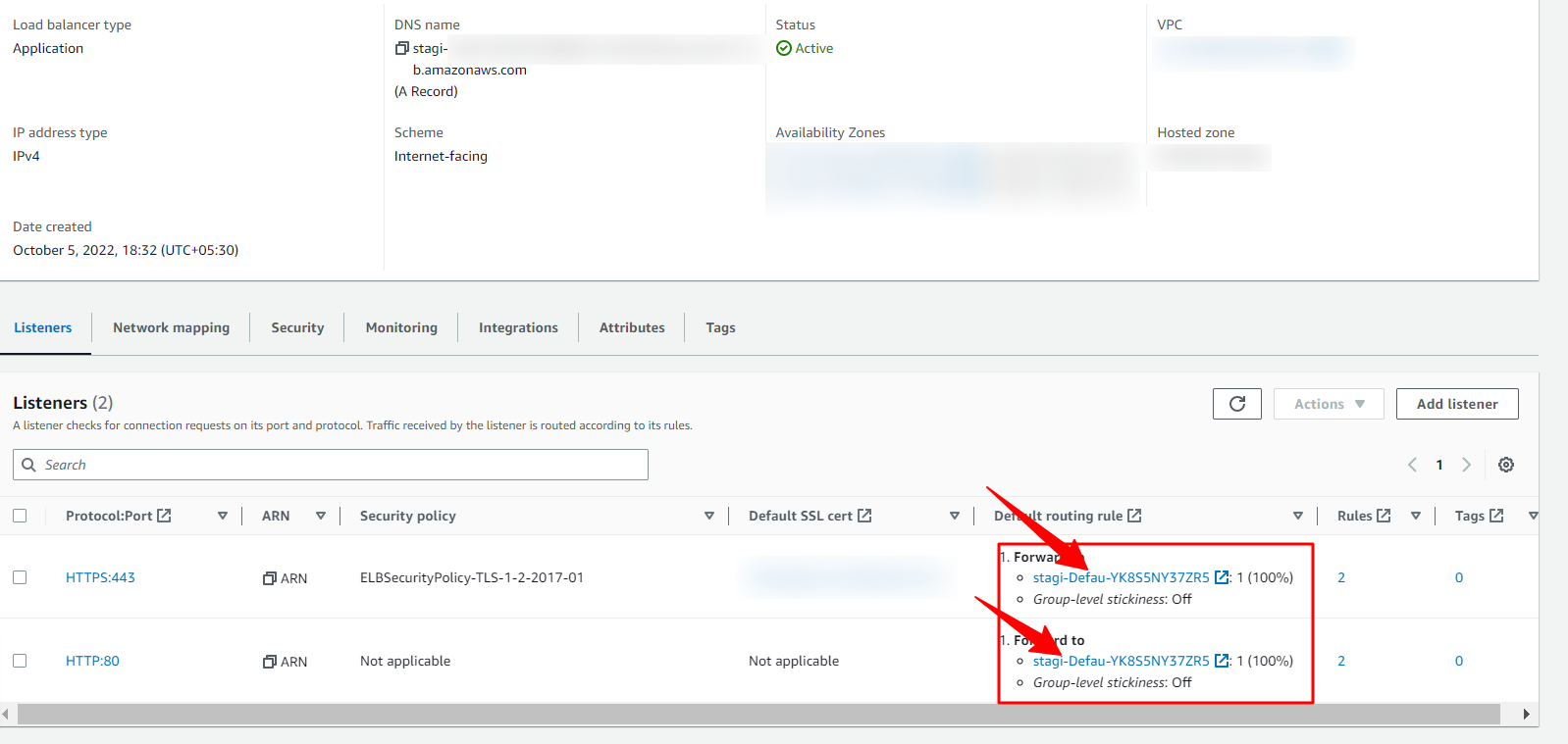 Default Target Group For Each Listener On The Load Balancer Is Forwarding On Port 80 Instead Of