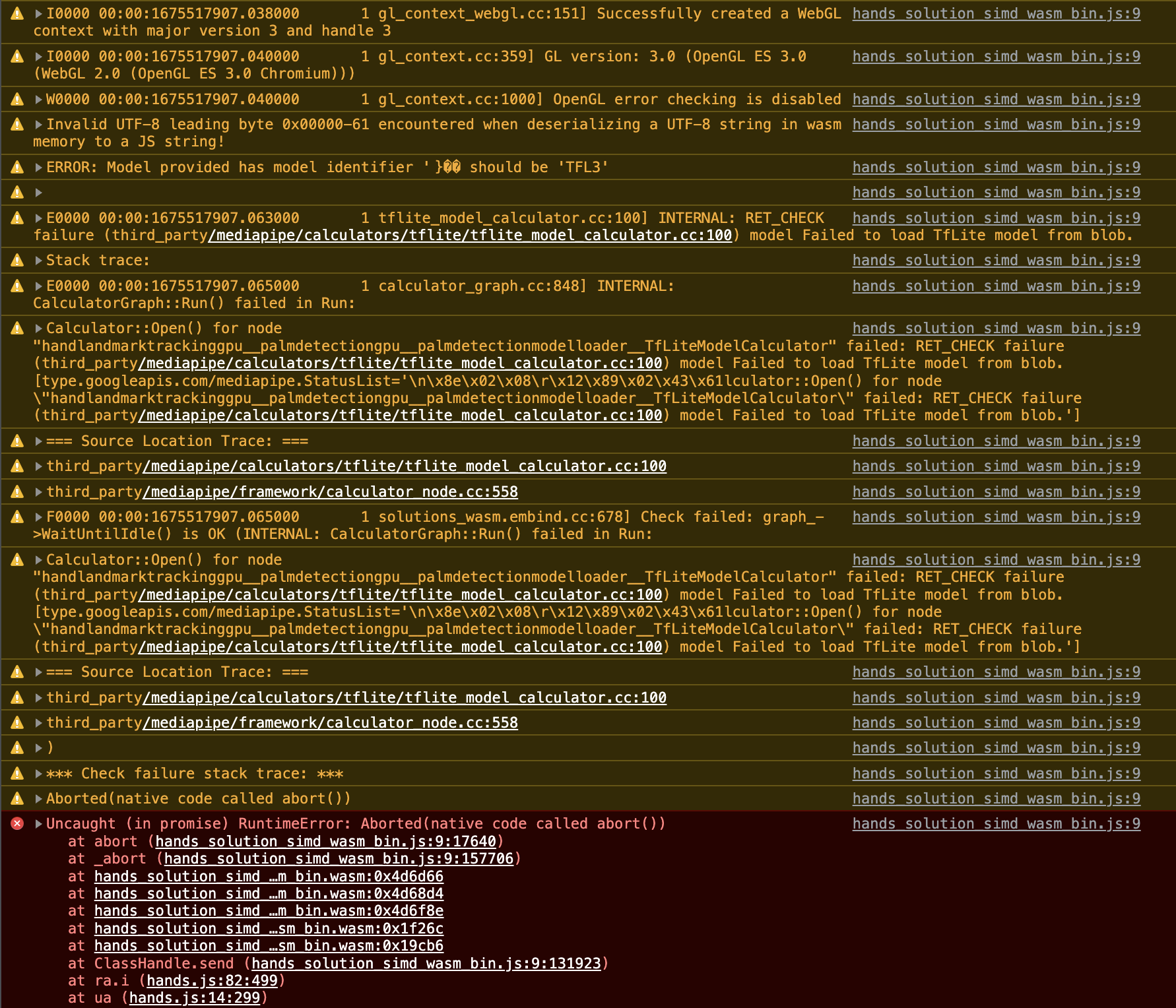 Error on example script provided in MediaPipe Hands - Uncaught (in promise) RuntimeError ...