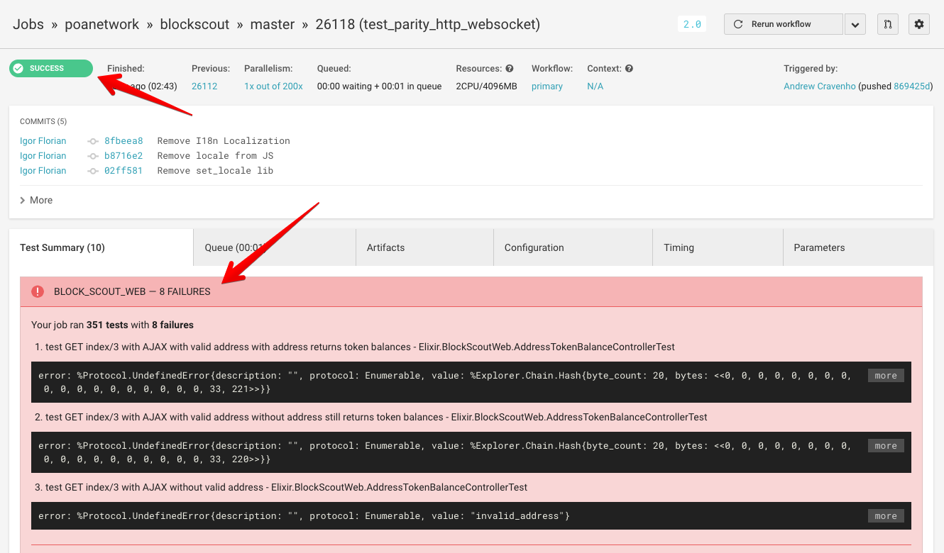 Circleci Is Reporting Success Even When Tests Failed · Issue 677 · Blockscoutblockscout · Github