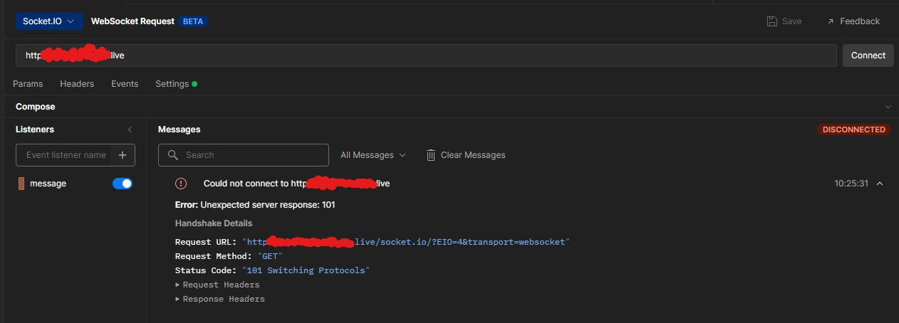 Error: Unexpected server response: 101 (Postman result) · Issue #4125 · socketio/socket.io · GitHub