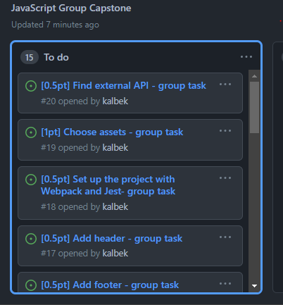 JS Group capstone: Setting up kanban board · Issue #21 · kalbek/JS-Capstone-Project · GitHub