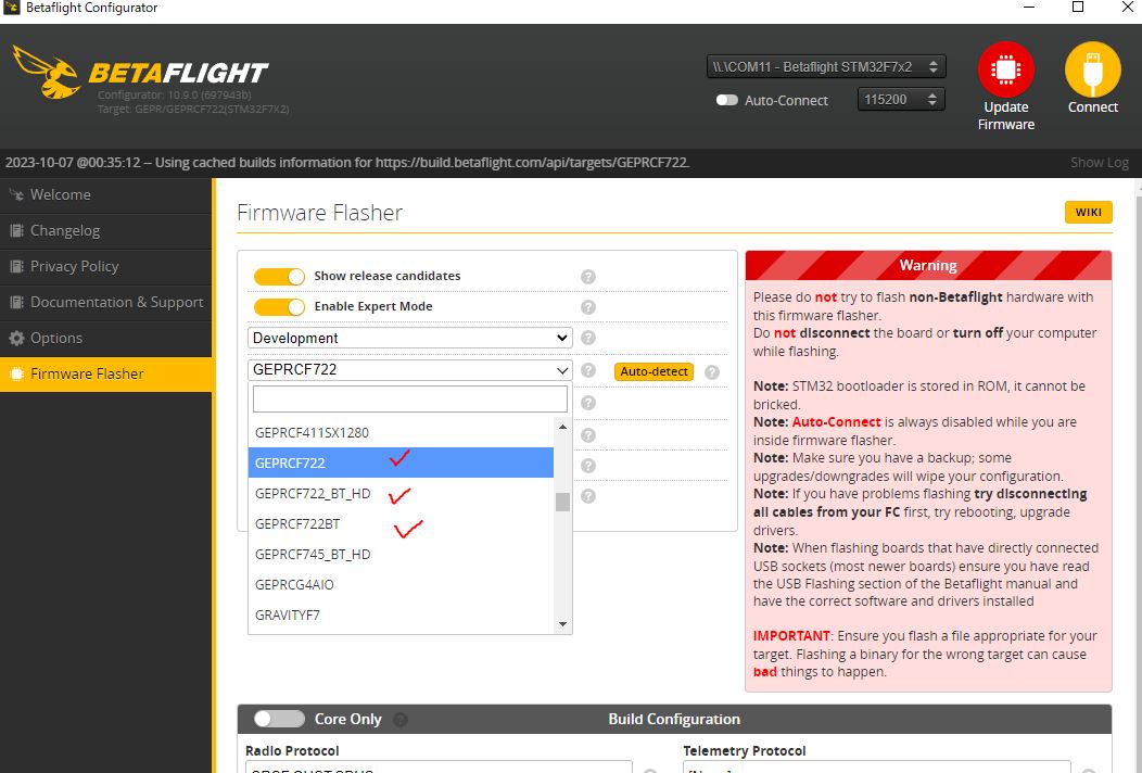 GEP RC GEP-F722-35A AIO lost Gyro and possibly other ports after flashing BF fireware 4.40 and 4 ...