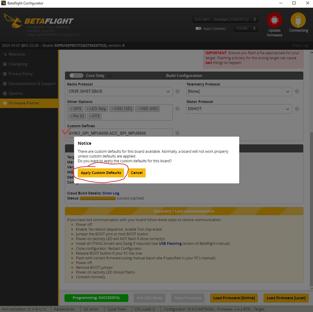 GEP RC GEP-F722-35A AIO lost Gyro and possibly other ports after flashing BF fireware 4.40 and 4 ...