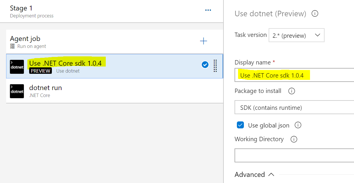 [UseDotNetCore][GlobalJson] Display name should not contain version when Global Json option is ...