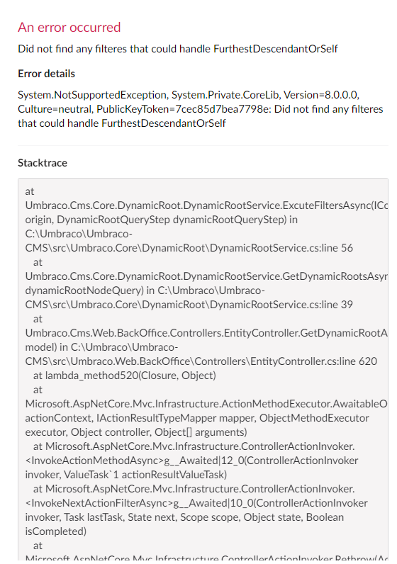 V13 Rc Dynamic Root Furthestdescendantorself Throws Exception · Issue 15112 · Umbracoumbraco 6960