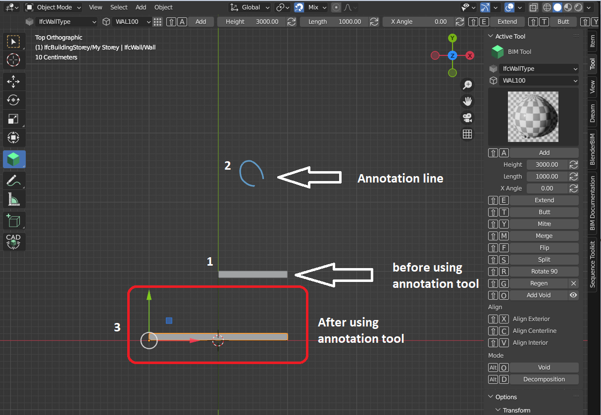 BlenderBim - When using blender annotation tool in a project, it breaks the wall size when ...