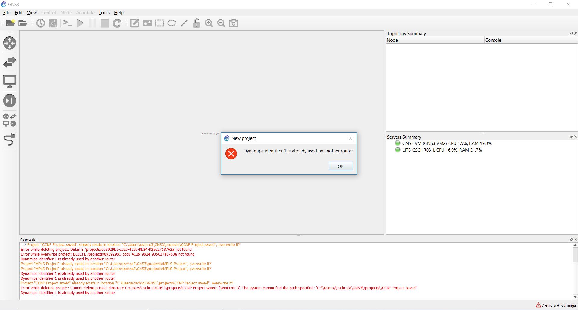 gns3 error "Dynamips identifier 1 is already used by another router ...