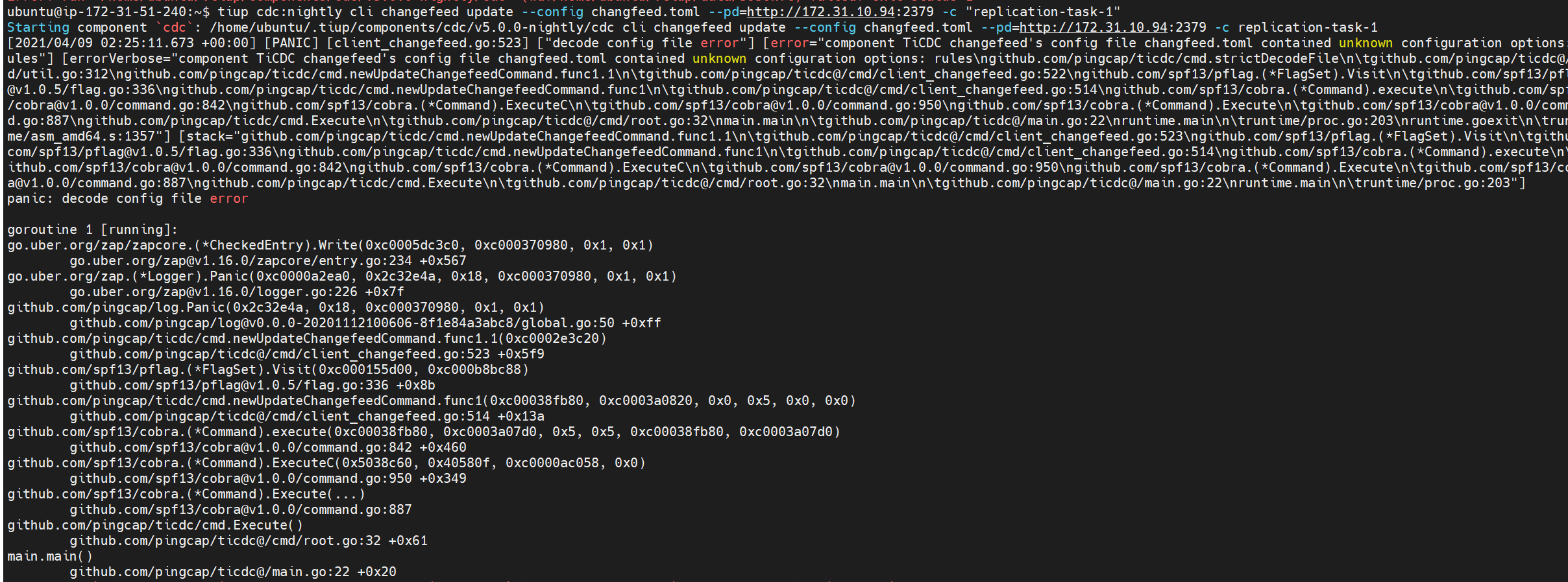 cdc report panic when check changfeed config failed · Issue #1622 · pingcap/tiflow · GitHub