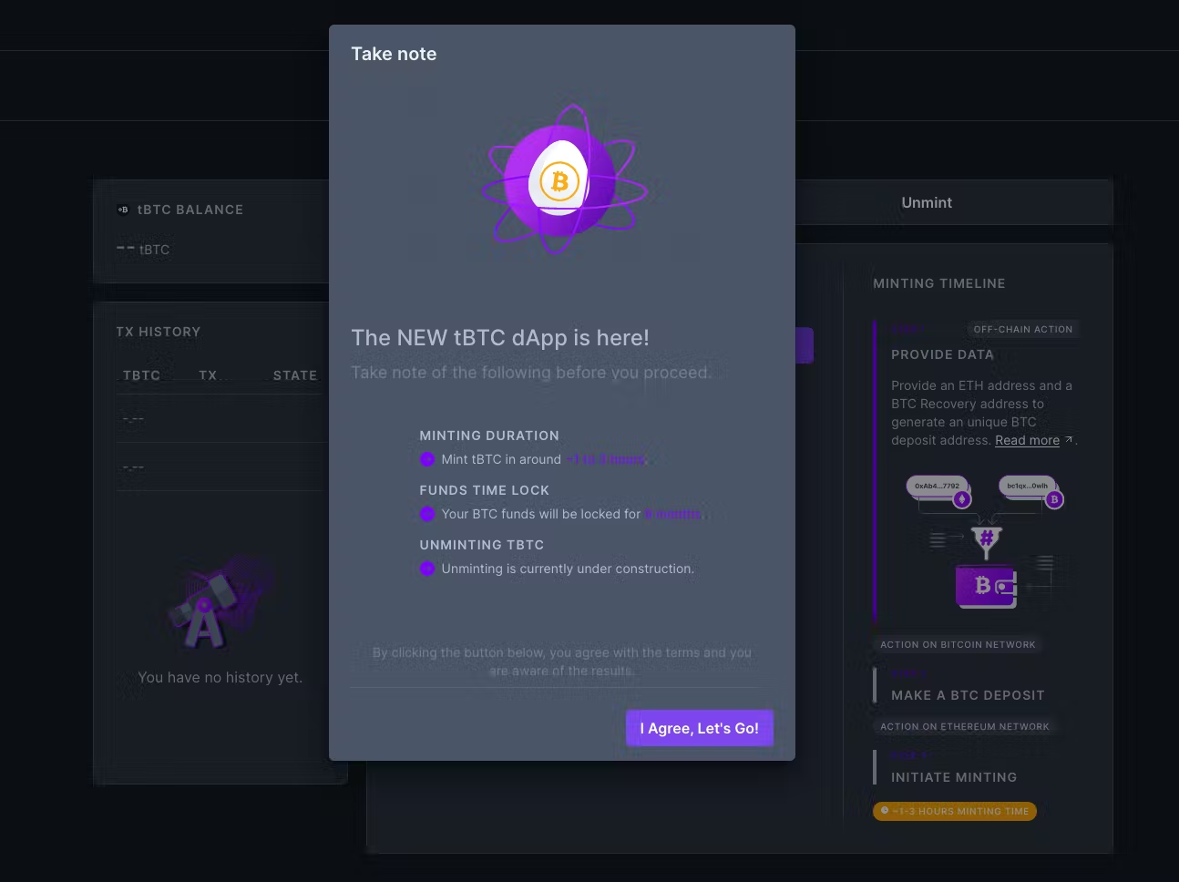 (COSMETIC) Add `Take me back` button on the `Take note / The NEW tBTC dApp is here` modal ...