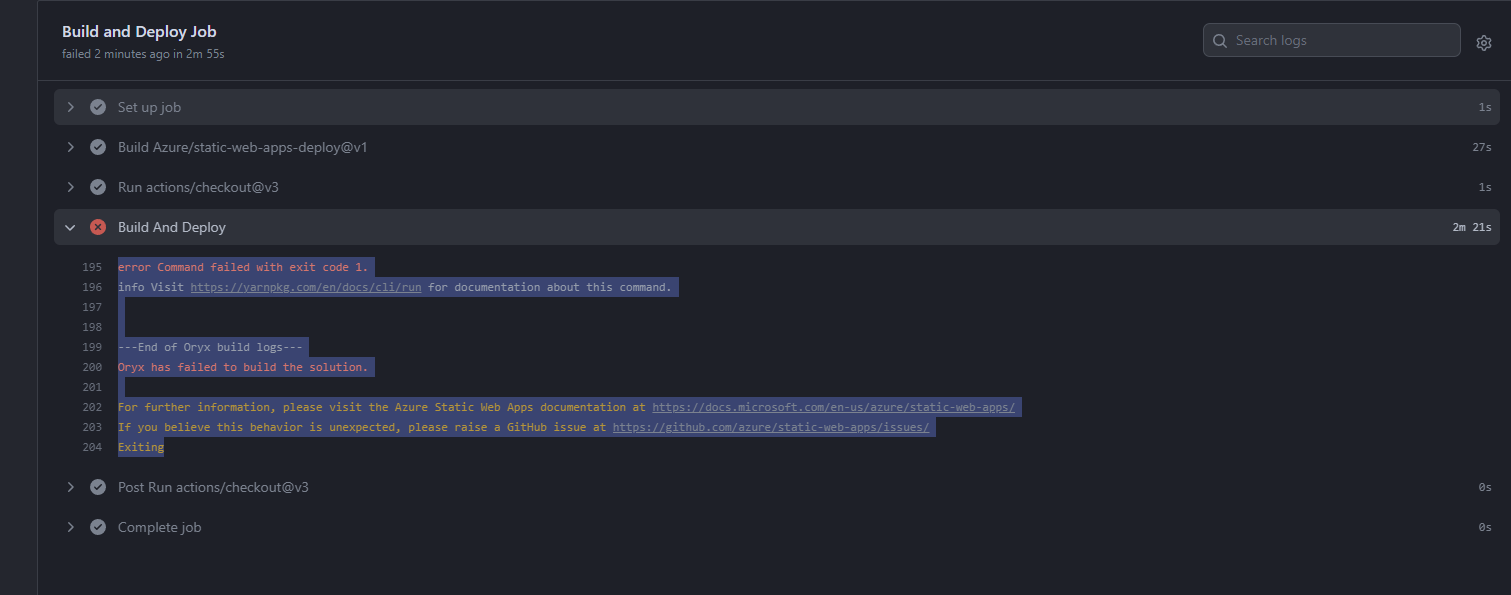 Oryx has failed to build the solution. · Issue #1166 · Azure/static-web-apps · GitHub