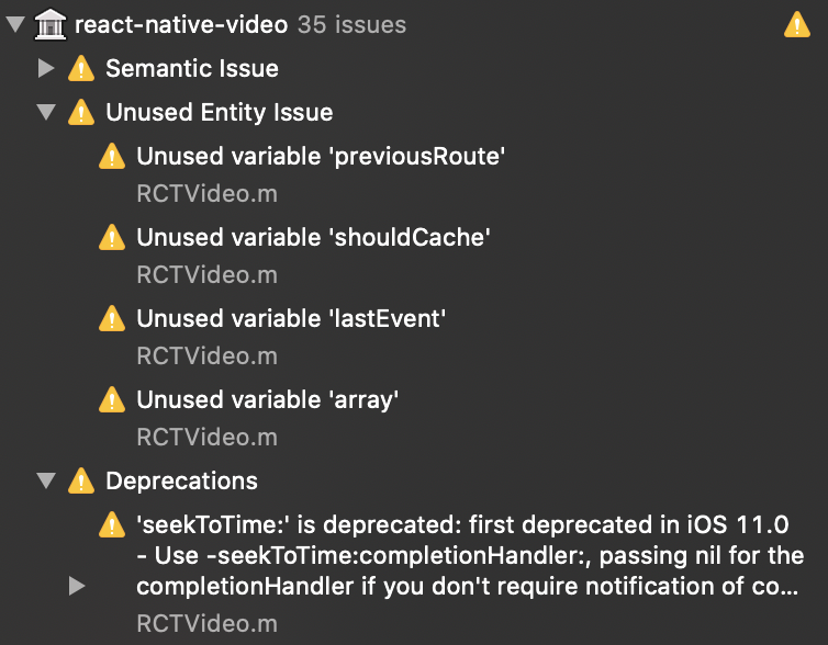 Get rid of 35 issues/warnings on iOS · Issue #2052 · TheWidlarzGroup/react-native-video · GitHub