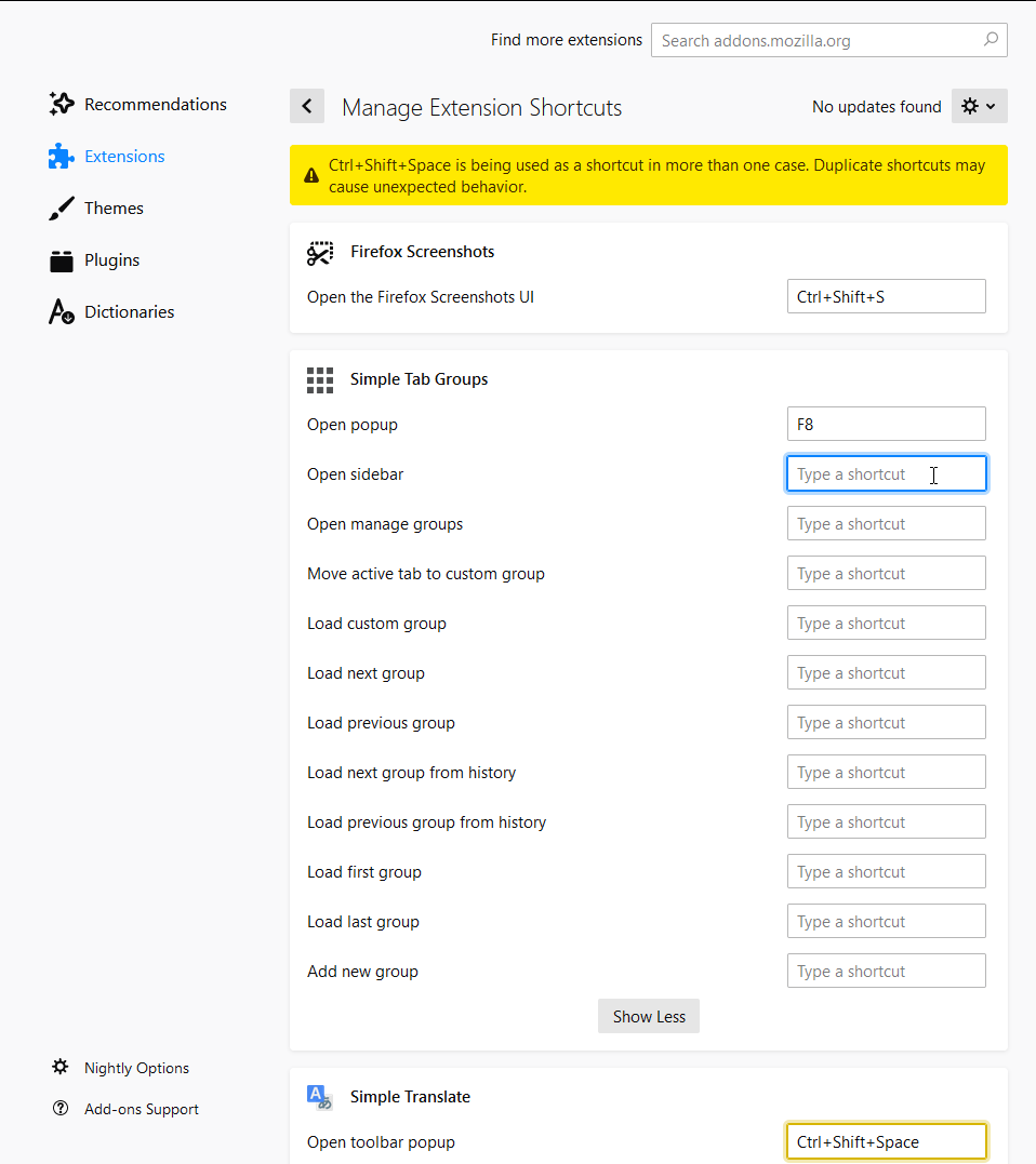 Keyboard shortcut to open the side bar disappeared and can't be set ...
