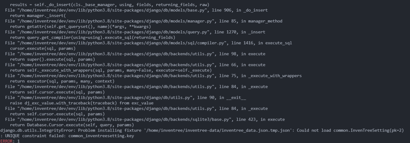 Could not load common.InvenTreeSetting(pk=2): UNIQUE constraint failed: common_inventreesetting ...