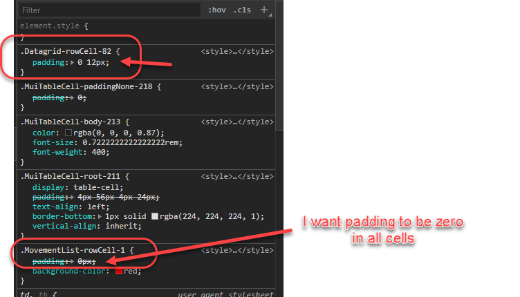 Override of cell style in `Datagrid` not working as expected (for some css properties) · Issue ...