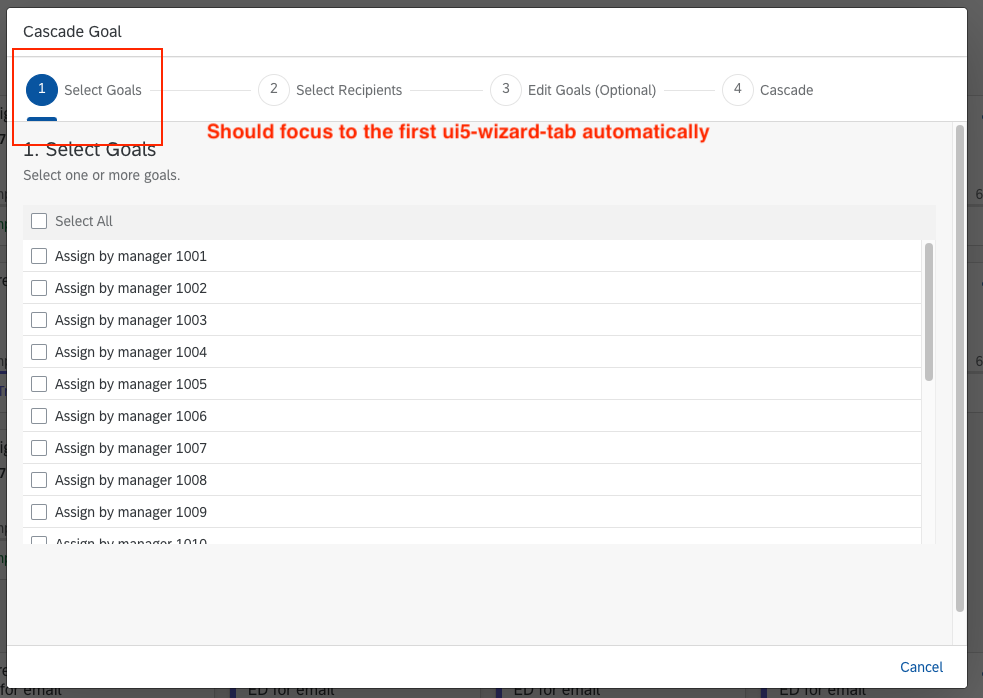 [UI5-Wizard][BUG][SF][Urgent] should focus to the first ui5-wizard-tab when wizard is opened ...