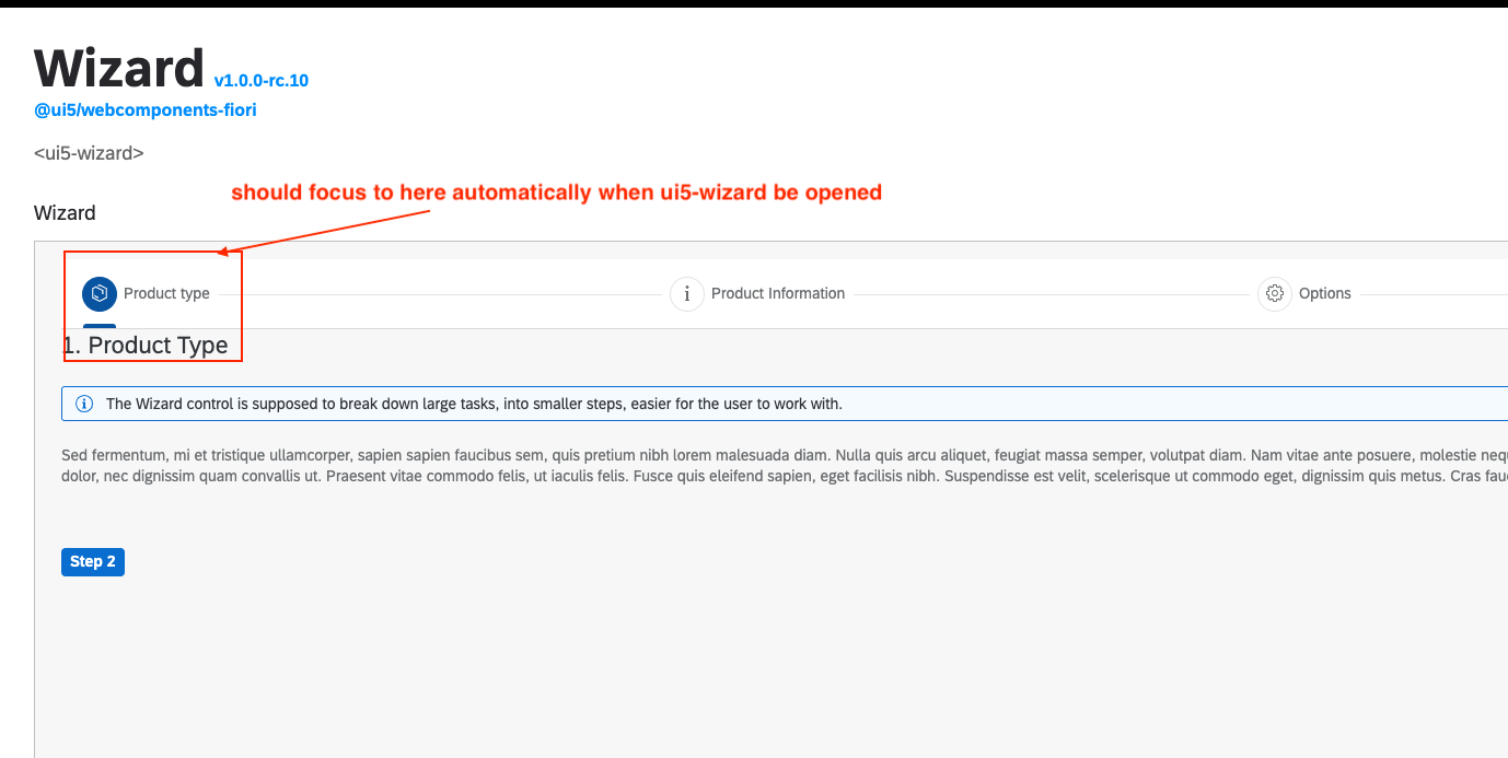 [UI5-Wizard][BUG][SF][Urgent] should focus to the first ui5-wizard-tab when wizard is opened ...