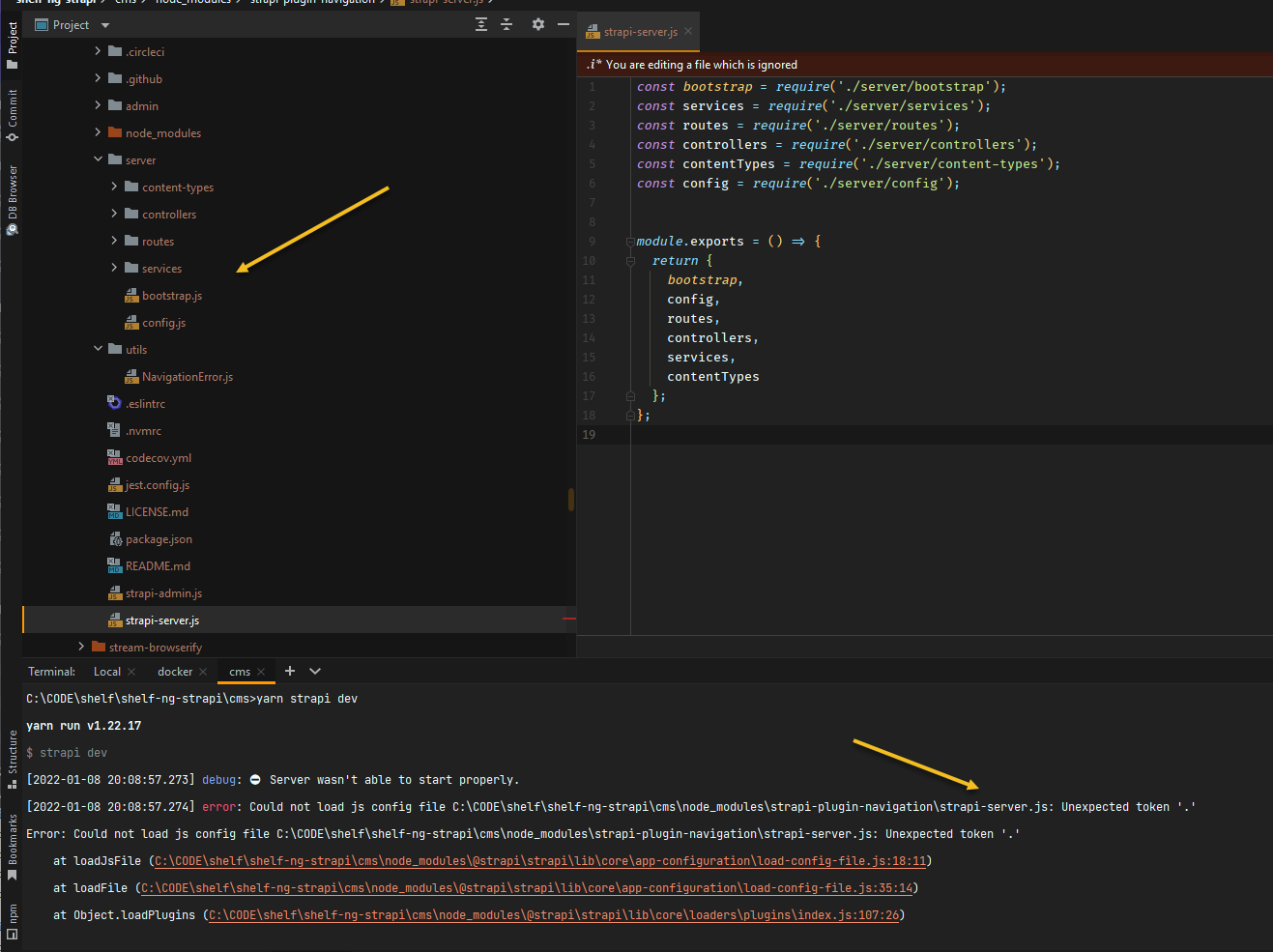 v2 beta 2.0.3: strapi-server.js: Unexpected token '.' Error: could not load js config file ...
