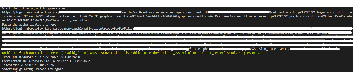 Error: (invalid_client) AADSTS700025: Client is public so neither 'client_assertion' nor 'client ...