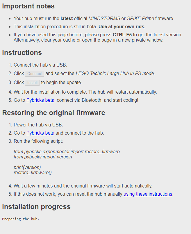 [Bug] Firmware update stuck in "preparing the hub" · Issue #634 · pybricks/support · GitHub