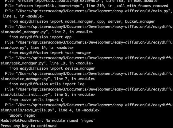 ModuleNotFoundError: No module named 'regex' · Issue #1566 · easydiffusion/easydiffusion · GitHub