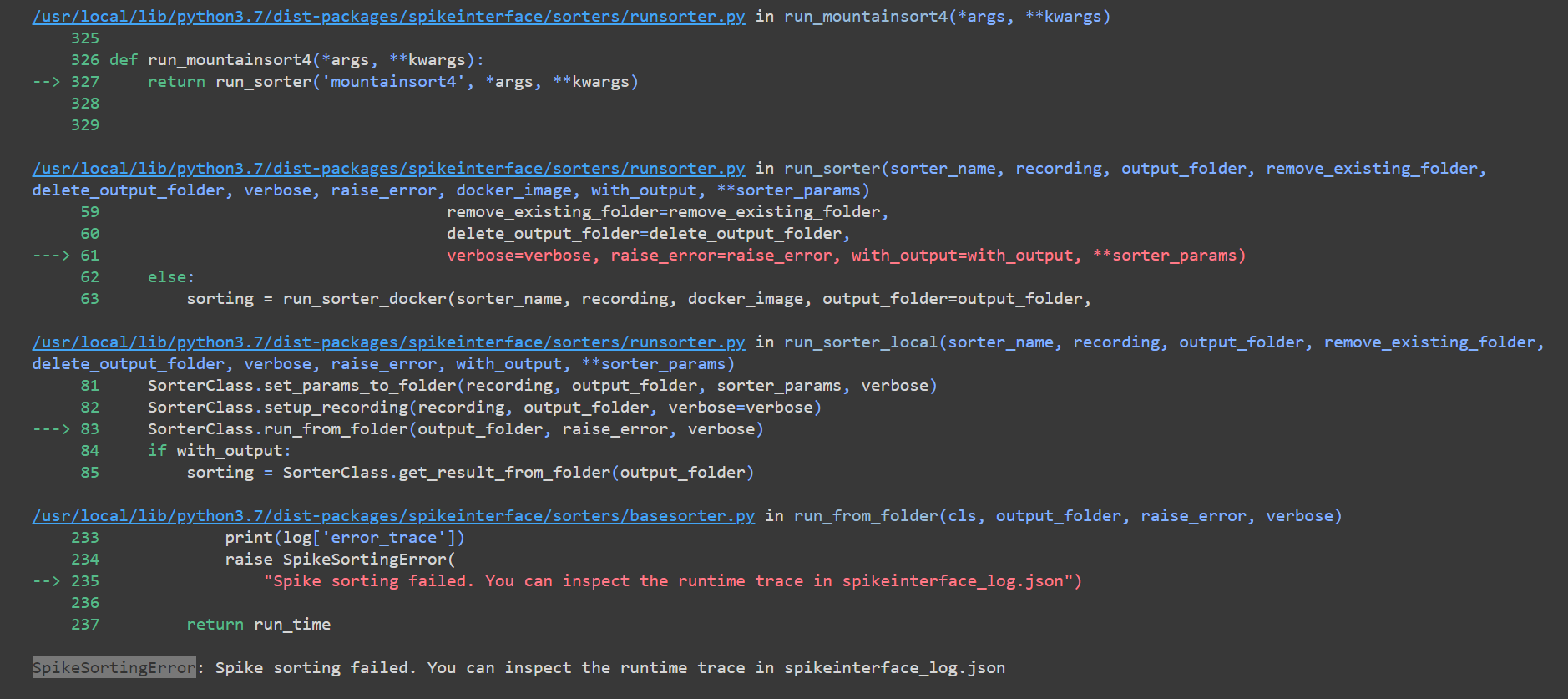 SpikeSortingError when running MountainSort4 · Issue #349 · SpikeInterface/spikeinterface · GitHub