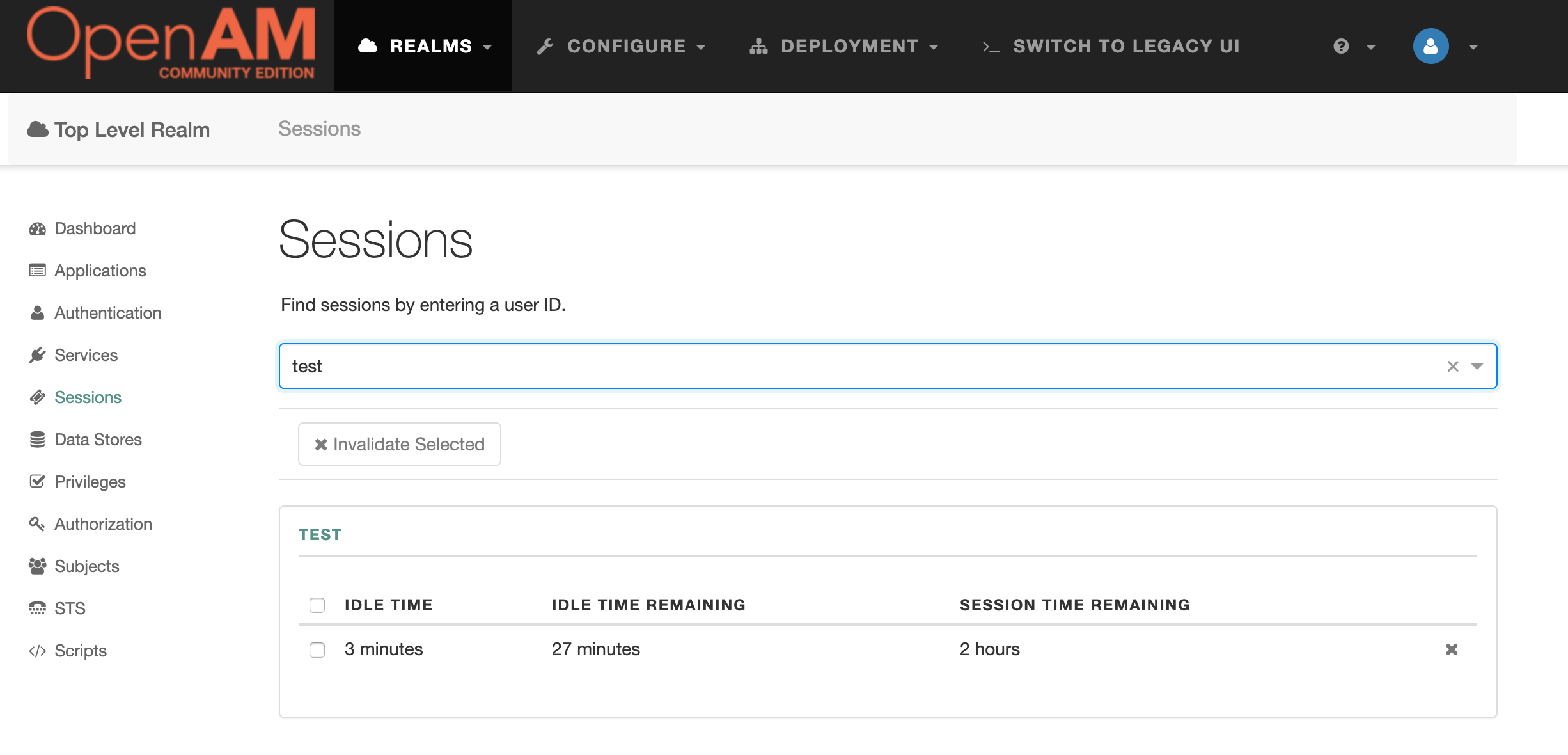 User Id Session filter on Top realm & Sub realm >> Sessions page not giving session details of ...