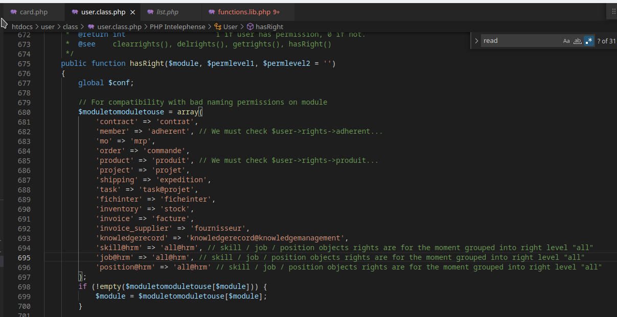 [BUG] function hasRight in user.class.php for product return a wrong value (0) · Issue #20500 ...