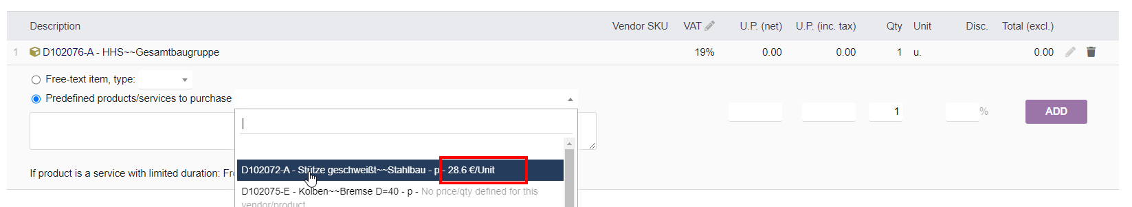Bug: Purchase Order (New Line) shows "NaN" on selected "Predefined products/services to purchase ...