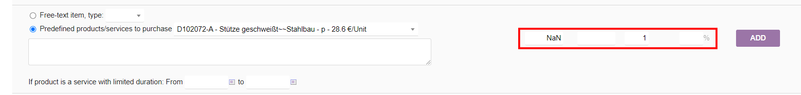 Bug: Purchase Order (New Line) shows "NaN" on selected "Predefined products/services to purchase ...