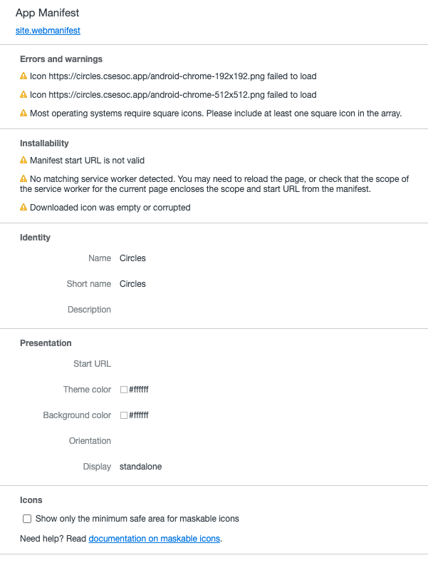 Errors and warnings on the website's manifest · Issue #635 · devsoc-unsw/circles · GitHub