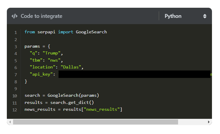[Documentation] Most of the Google Search API Code to Integrate examples is missing `"engine ...