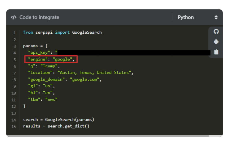 [Documentation] Most of the Google Search API Code to Integrate examples is missing `"engine ...