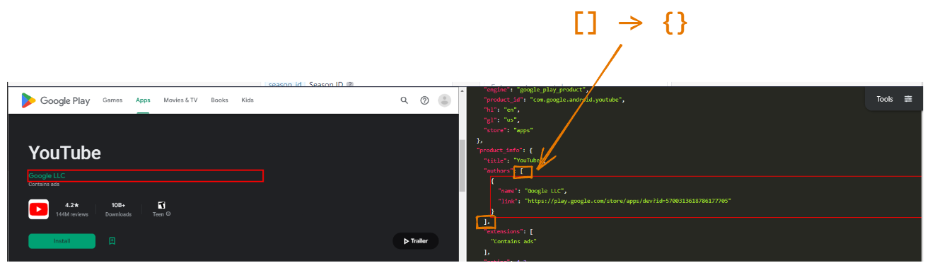 [Google Play Product API] Change `product_info.authors` from array `[]` to hash `{}` · Issue ...