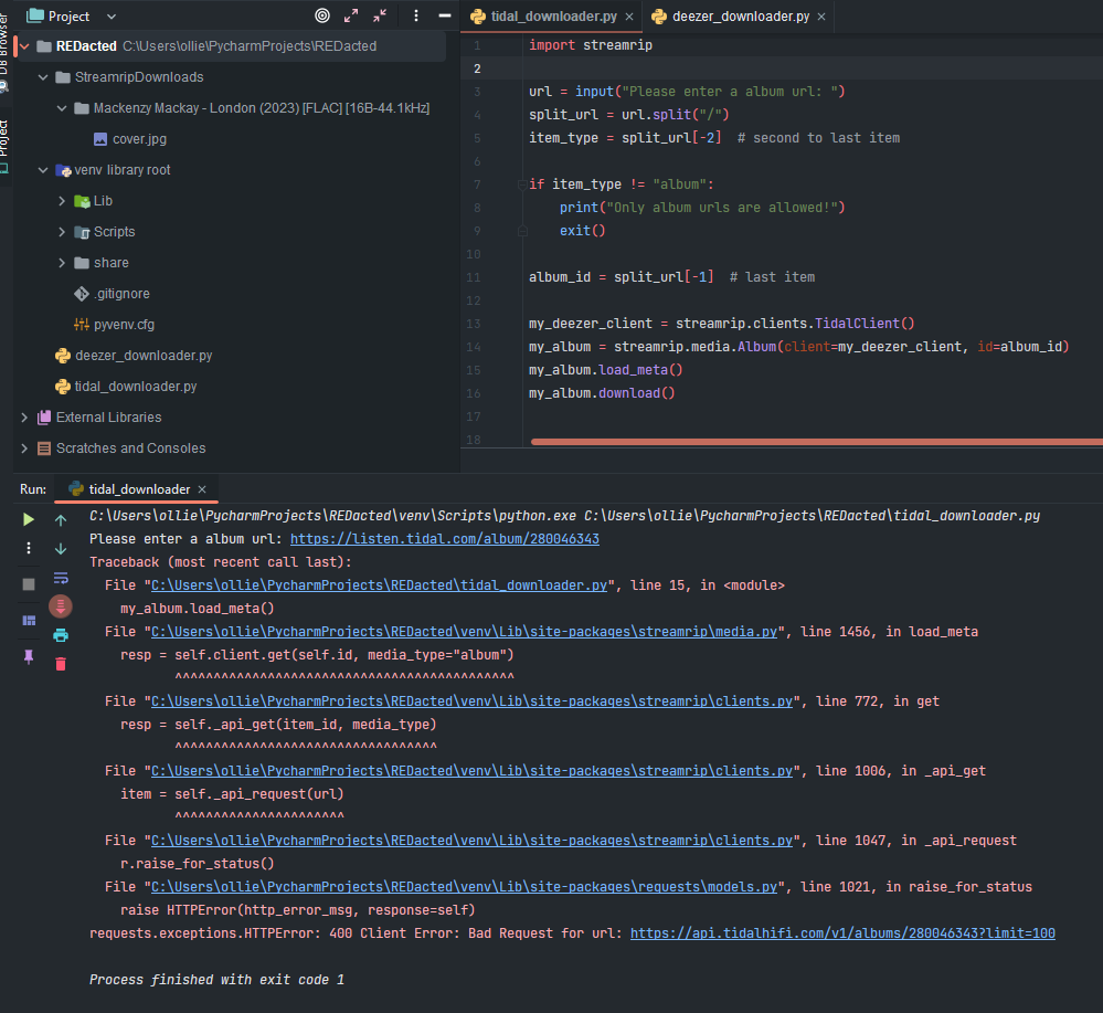 [BUG] Scripting with the streamrip library, error -> '400 Client Error: Bad Request for url ...