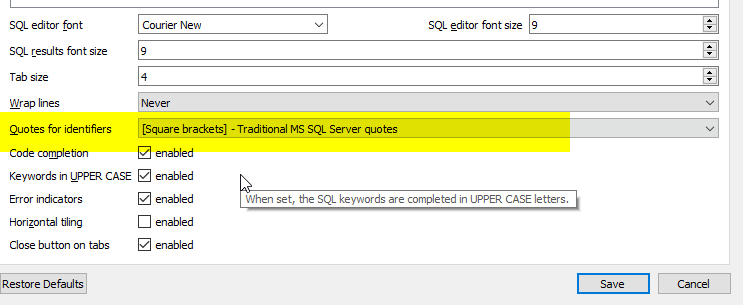 If 'Quotes for Identifiers' option is 'Square brackets', modifying a ...