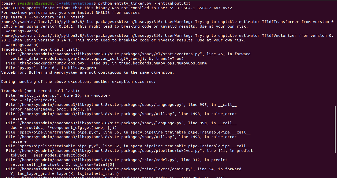 Entity linker execution demands NMSLIB installation from sources and results in error even after ...